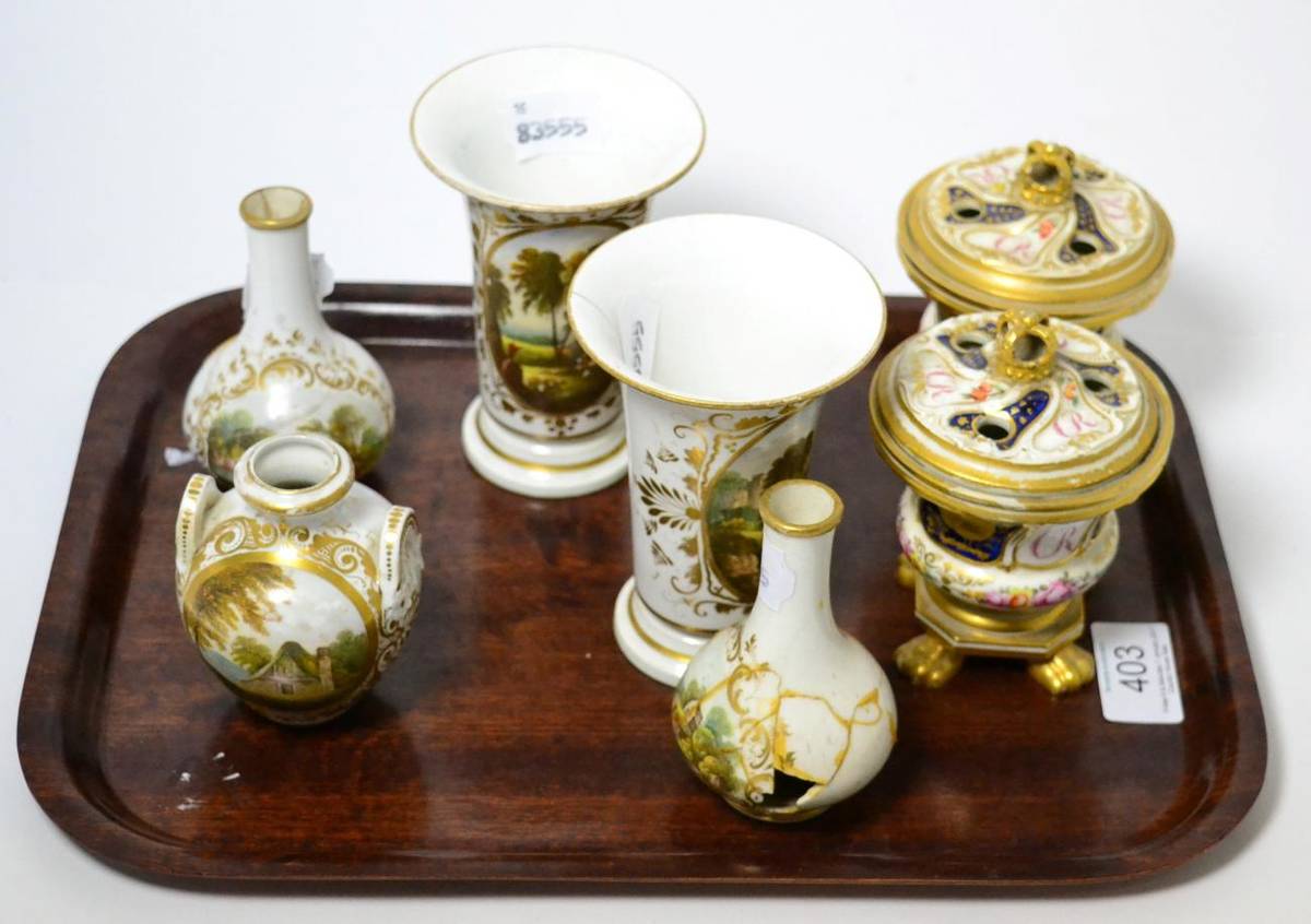 Lot 403 - A pair of Derby trumpet shaped flower vases,