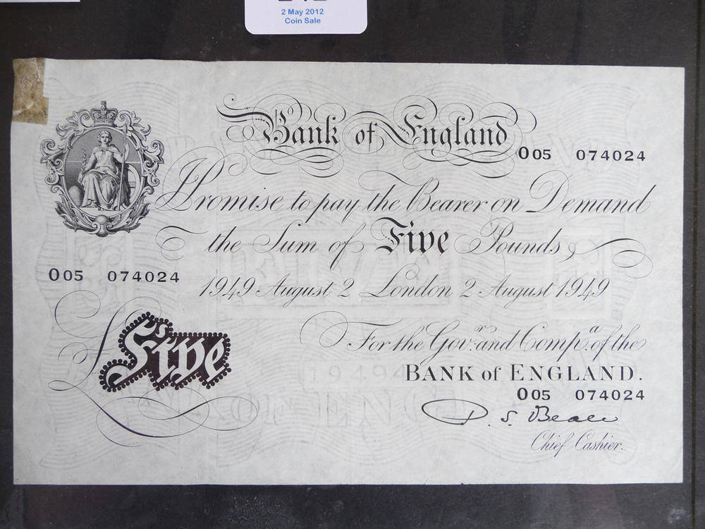 Lot 242 - White £5 Beale, London 2 Aug 1949, small