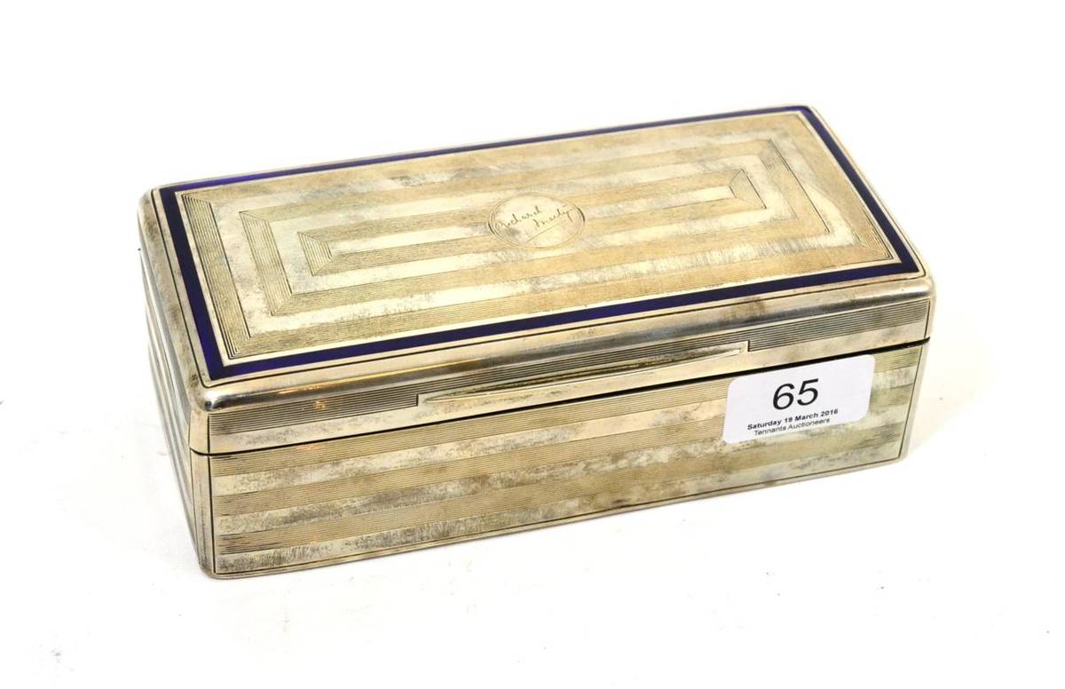 Lot 65 - Large silver and blue enamel cigarette box,