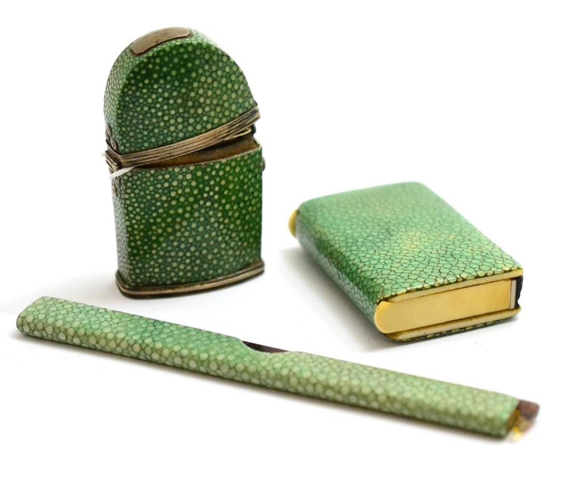 Lot 169 - Three shagreen items: a lighter, a vesta and