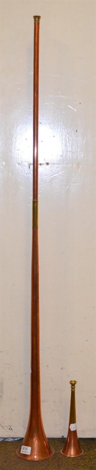 Lot 416 - Long copper and brass coaching horn and a