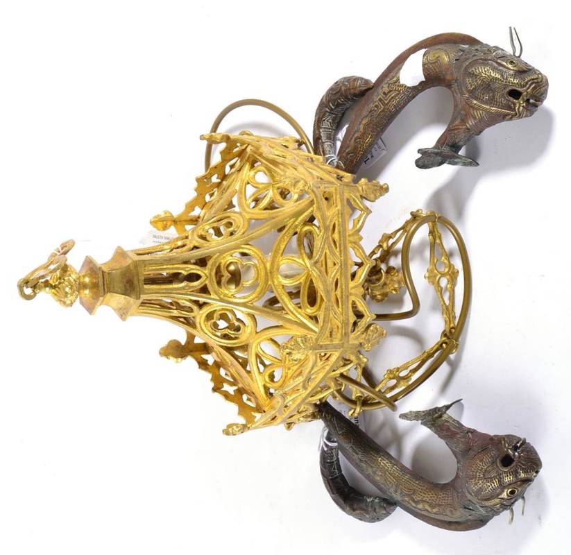 Lot 343 - A Gilt Metal Light Fitting, in Gothic style,