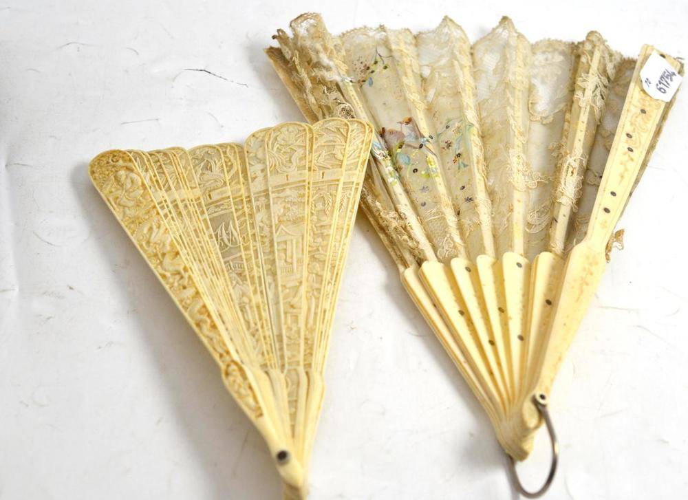 Lot 222 - A 19th century Chinese ivory fan (a.f.) and