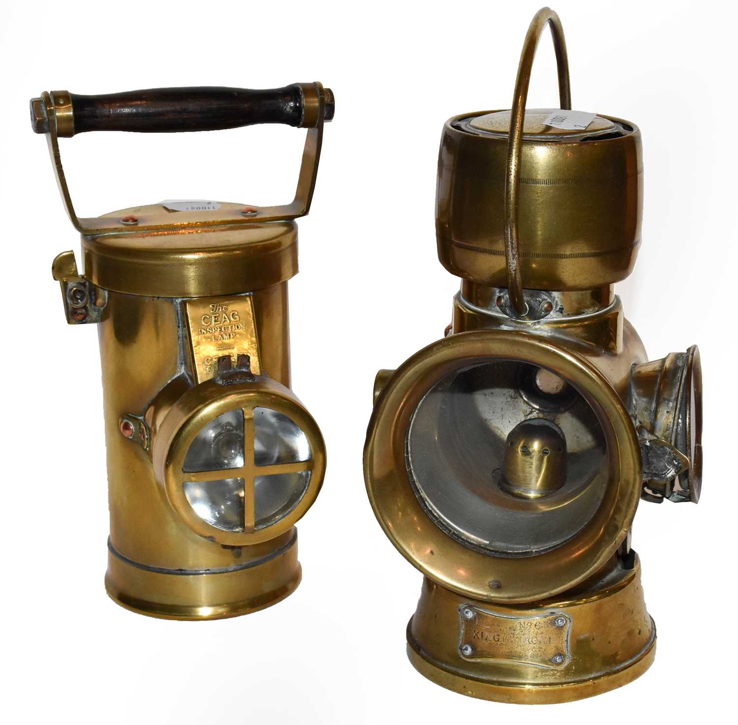 Lot 410 - Two brass inspection lamps, one stamped "The
