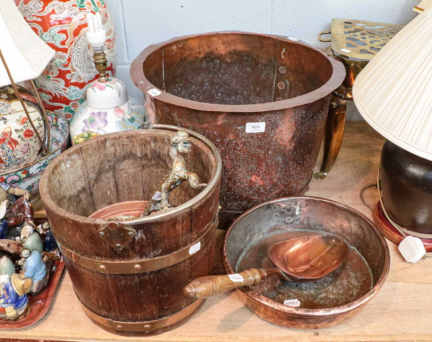 Lot 464 - A staved oak peat bucket, copper cauldron, a