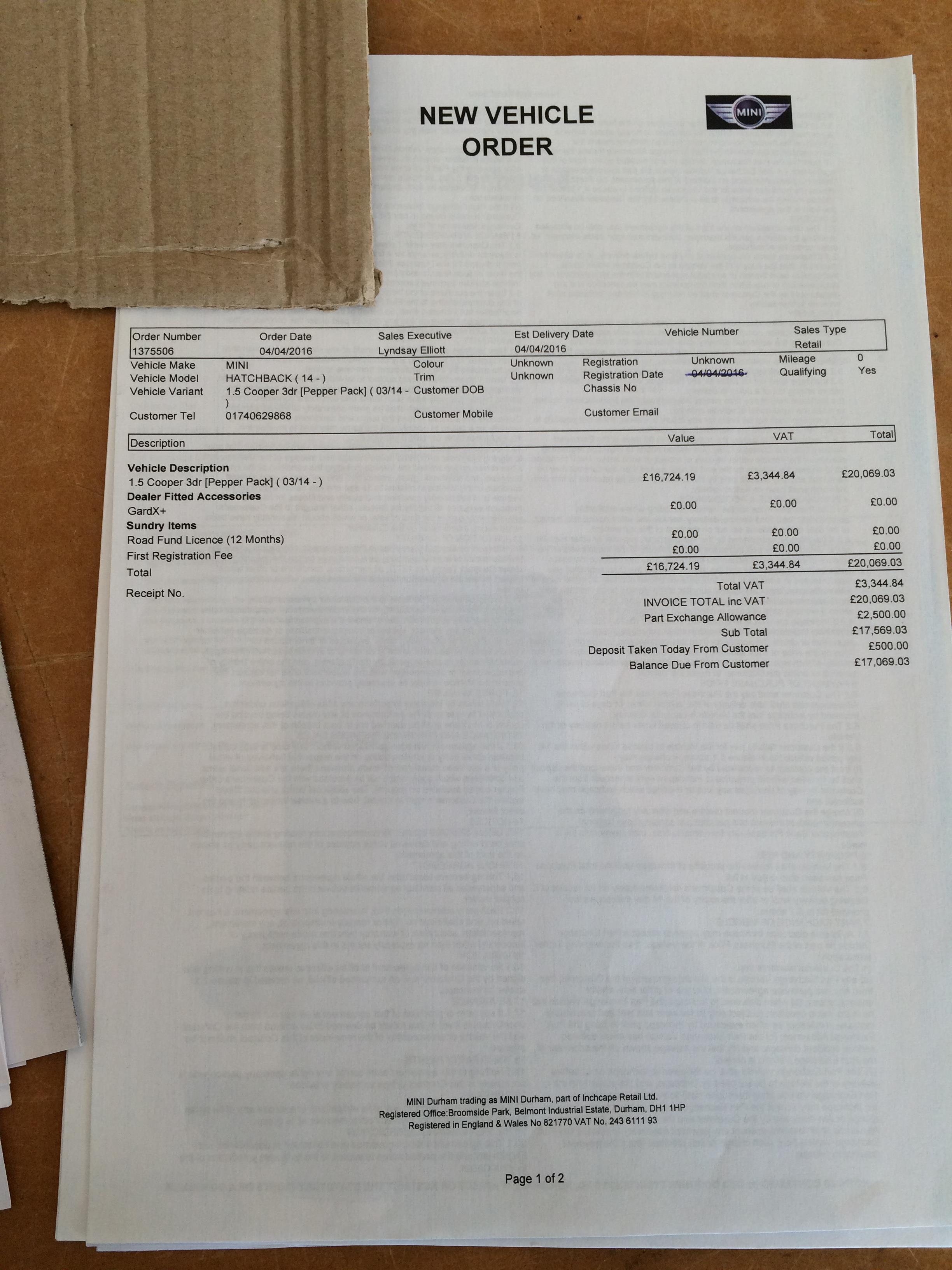 Lot 11 - 2016 Mini Cooper 3 Door (Auto) Registration