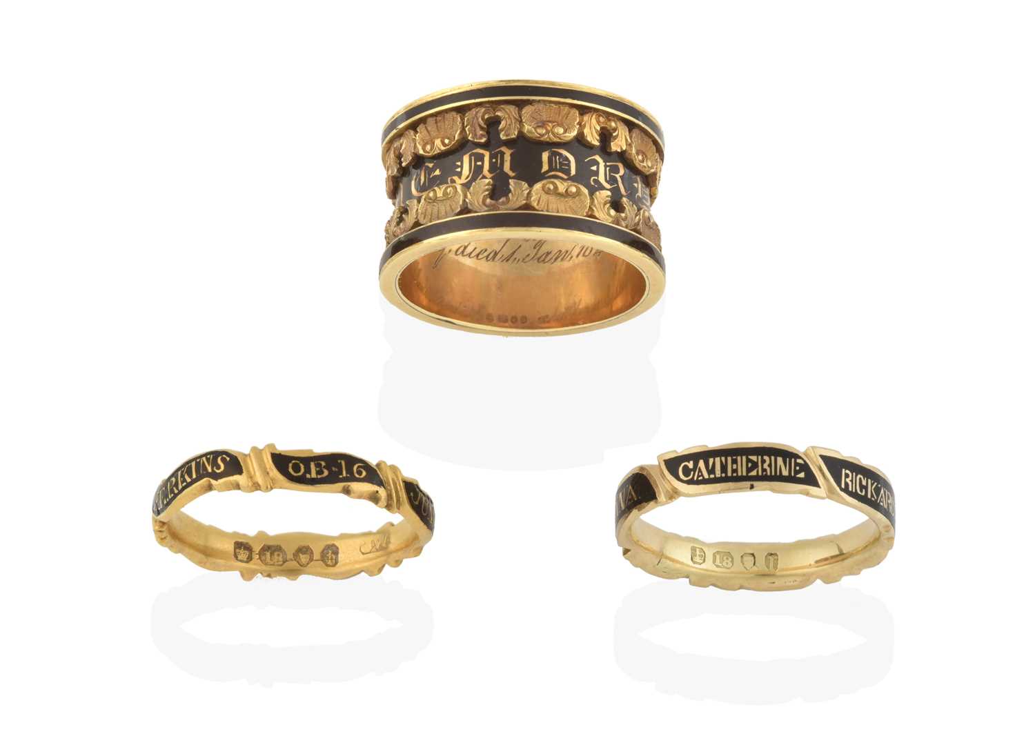 Lot 2334 - Three 18 Carat Gold Enamel Memorial Rings