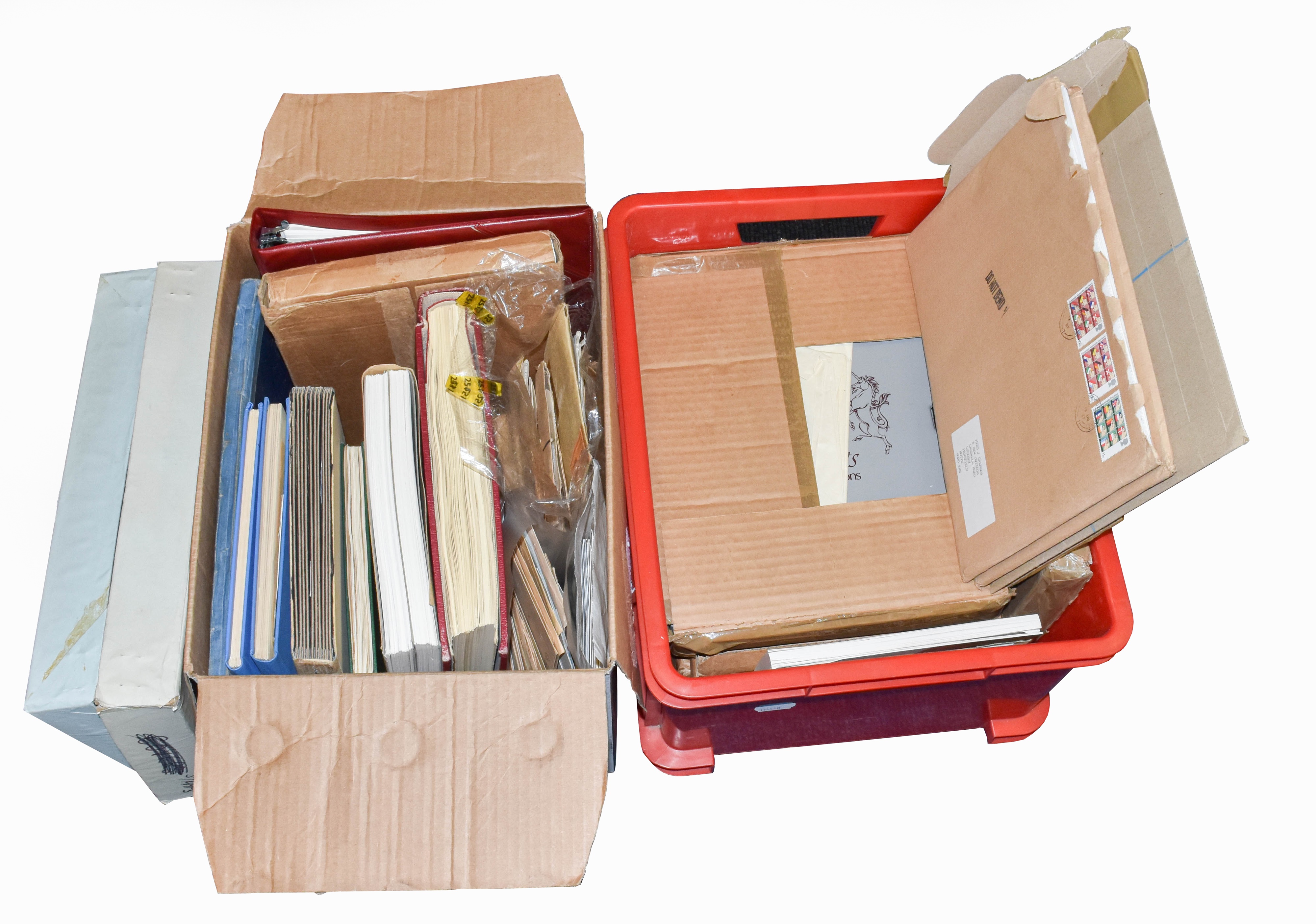 Lot 213 - Two boxes and a container of 1000s of stamps