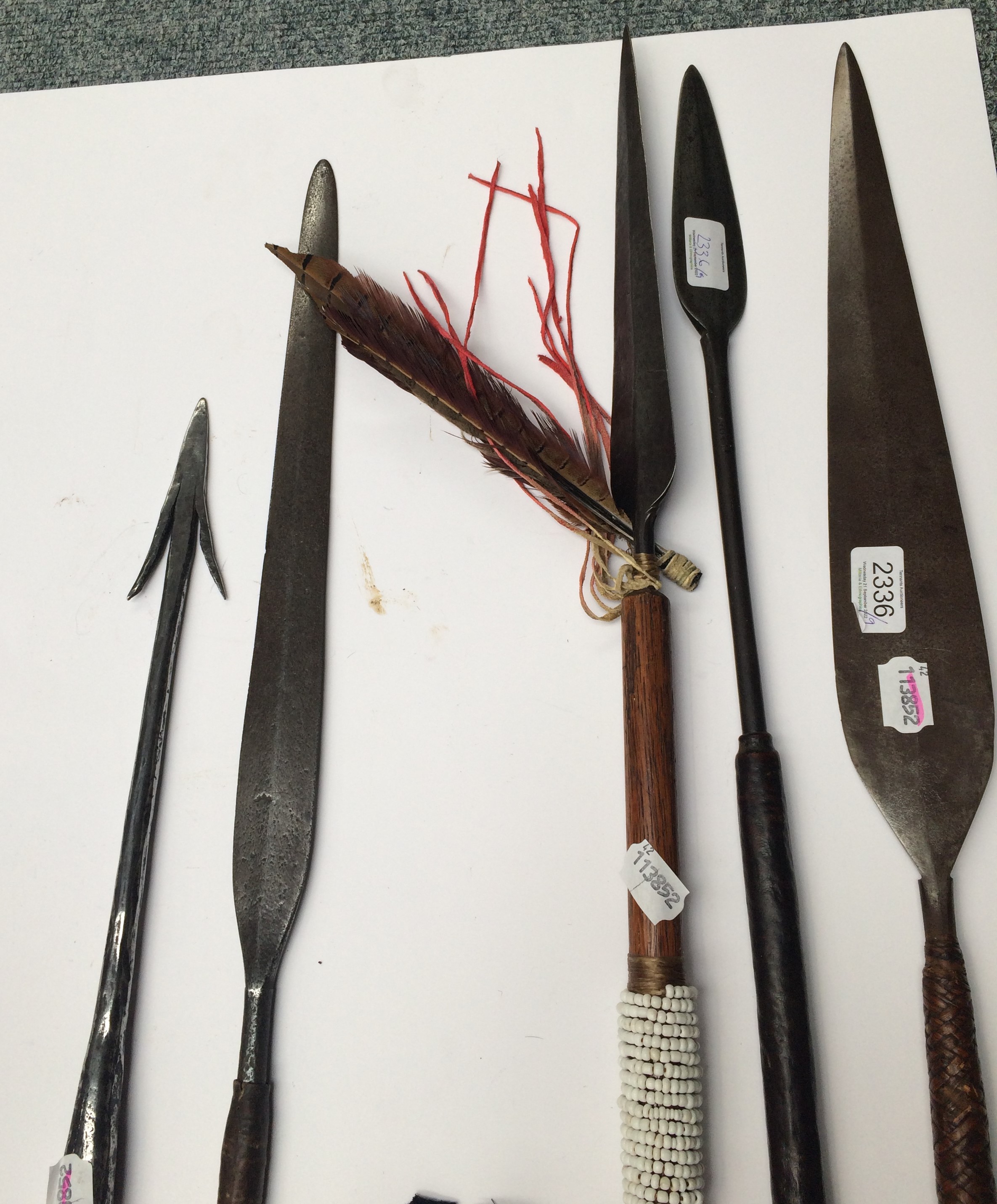 Lot 2336 - Five South African Spears, one with barbed