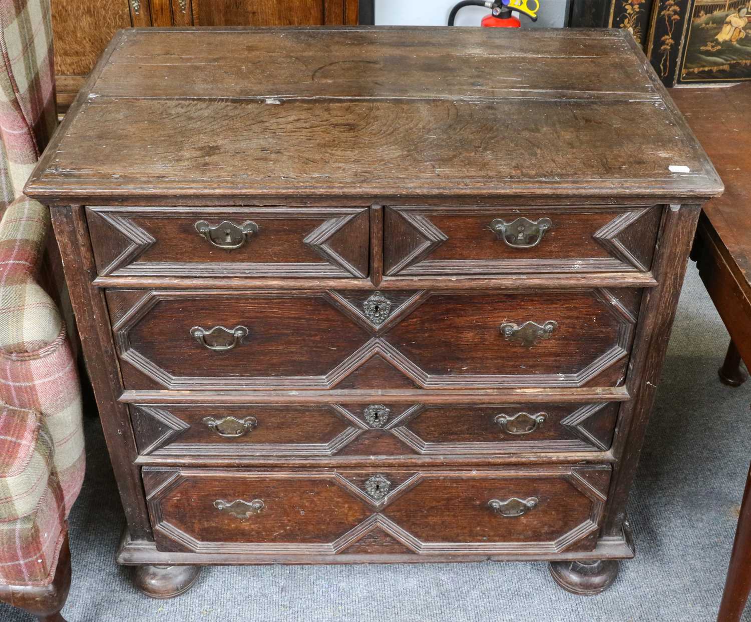 Lot 1139 - A 17th century oak chest of drawers, 86cm