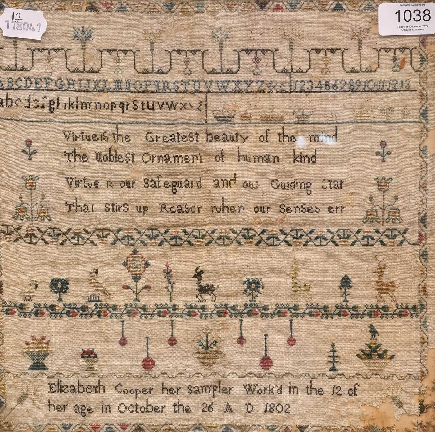 Lot 1038 - An Alphabet Sampler Worked by Elizabeth