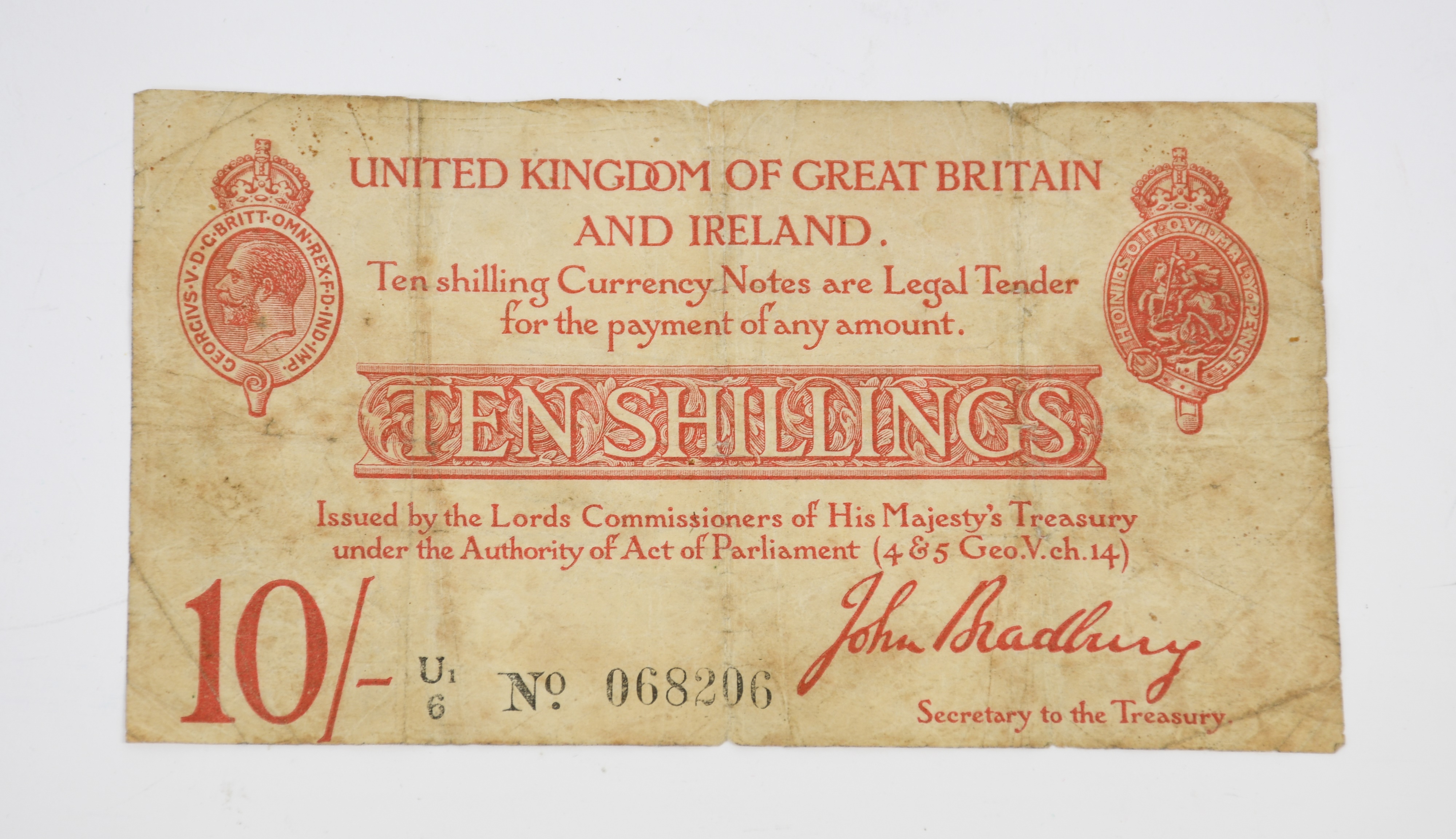 Lot 399 - George V 10 Shilling note, second Bradbury