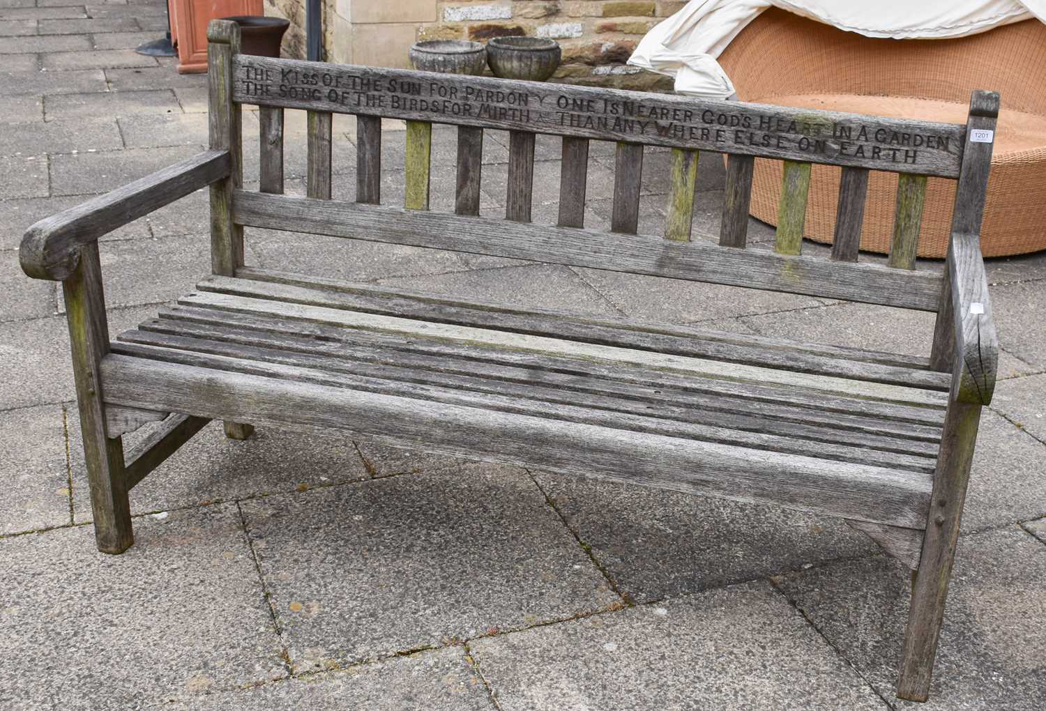 Lot 1201 - A Wooden Slatted Garden Bench, the crest