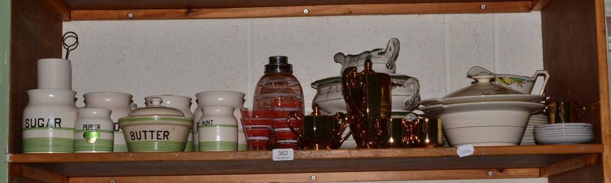 Lot 362 - Kleen kitchen ware green banded storage jars,