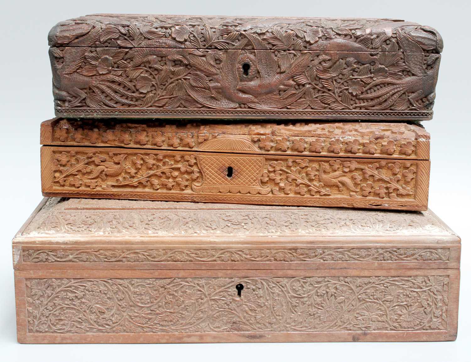 Lot 262 - Three Anglo-Indian Carved Hardwood Boxes,