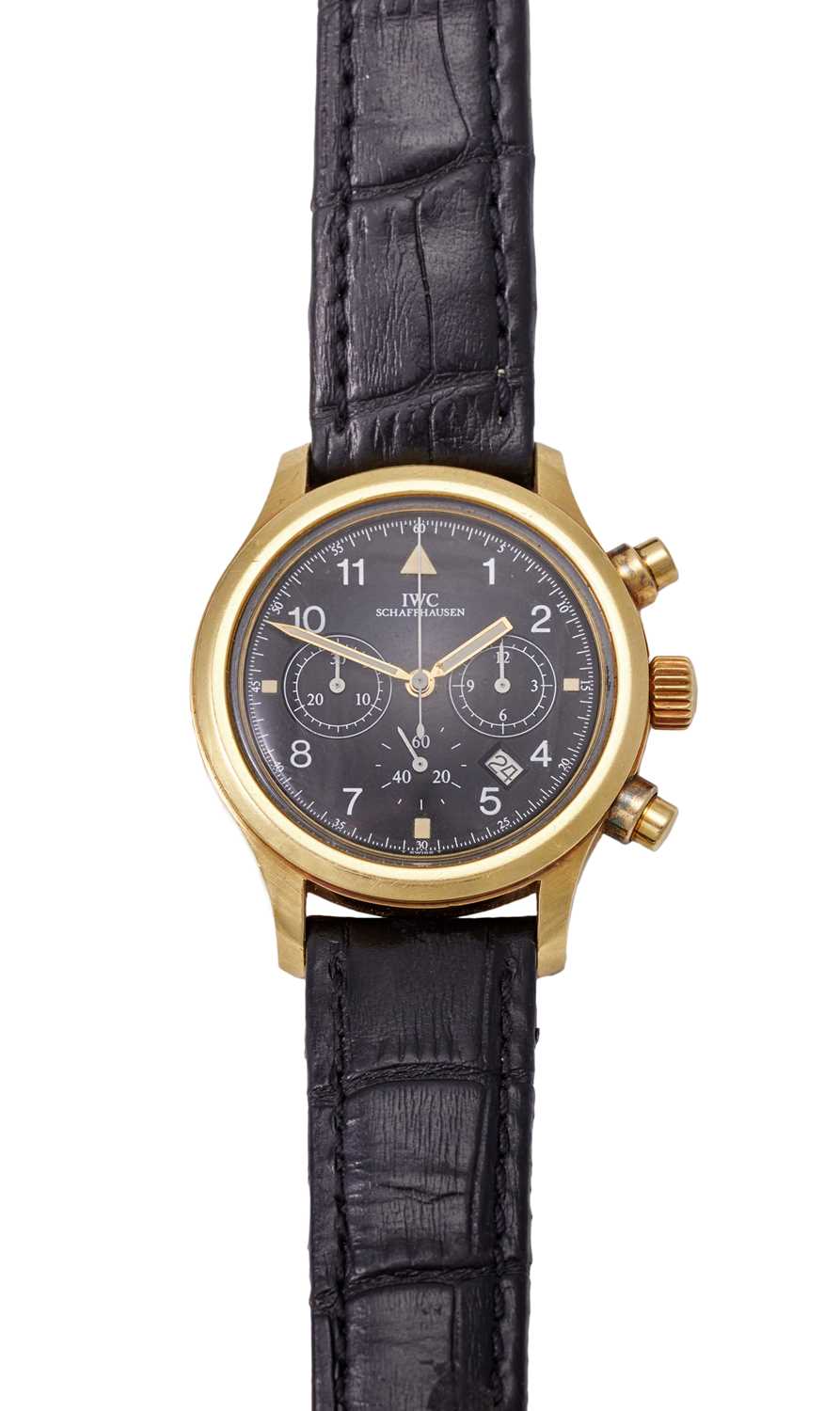 Lot 2183 - IWC: An 18 Carat Gold Calendar Chronograph