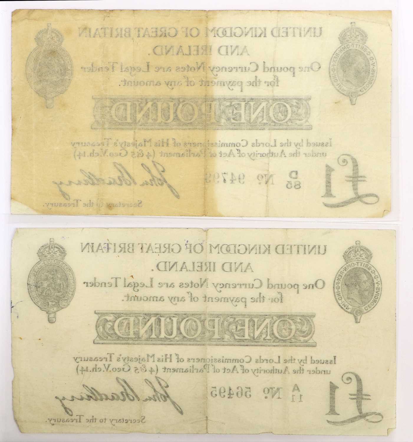 Lot 426 - 2x Treasury Issue, One Pound Notes, second