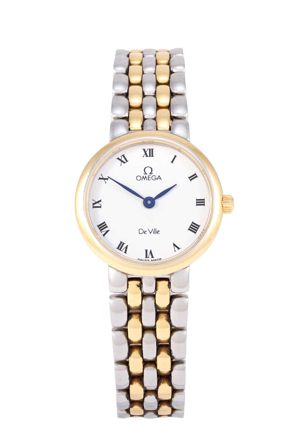 Lot 2417 - Omega: A Lady's Bi-Metal Wristwatch, signed