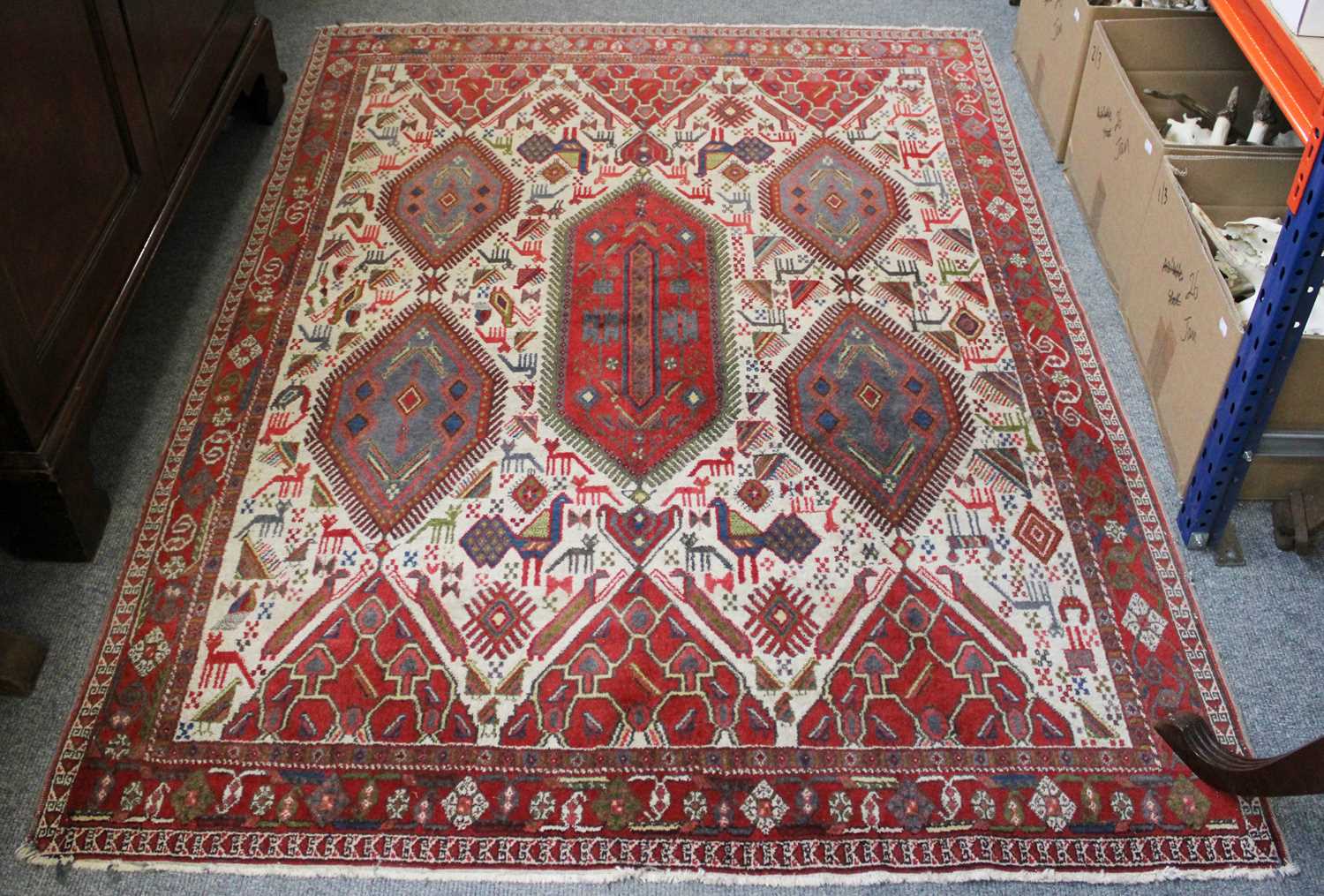 Lot 219 - Afshar Rug, the ivory field of zoomorphic