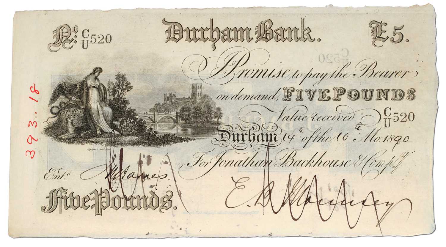 Lot 437 - Durham Bank £5, 14th October 1890, serial no.
