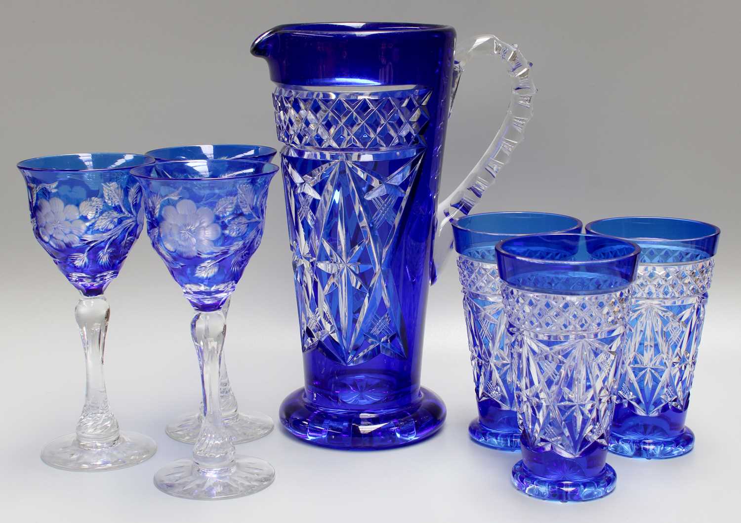 Lot 132 - A Blue Flash and Cut Glass Lemonade Set,