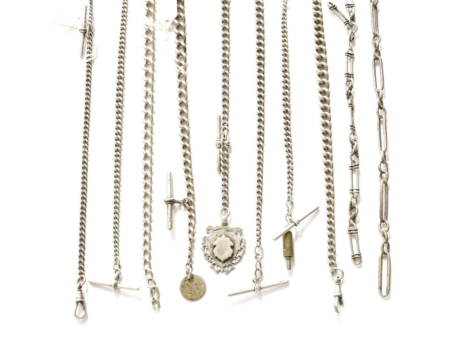 Lot 334 - Ten Silver Pocket Watch Chains, one chain
