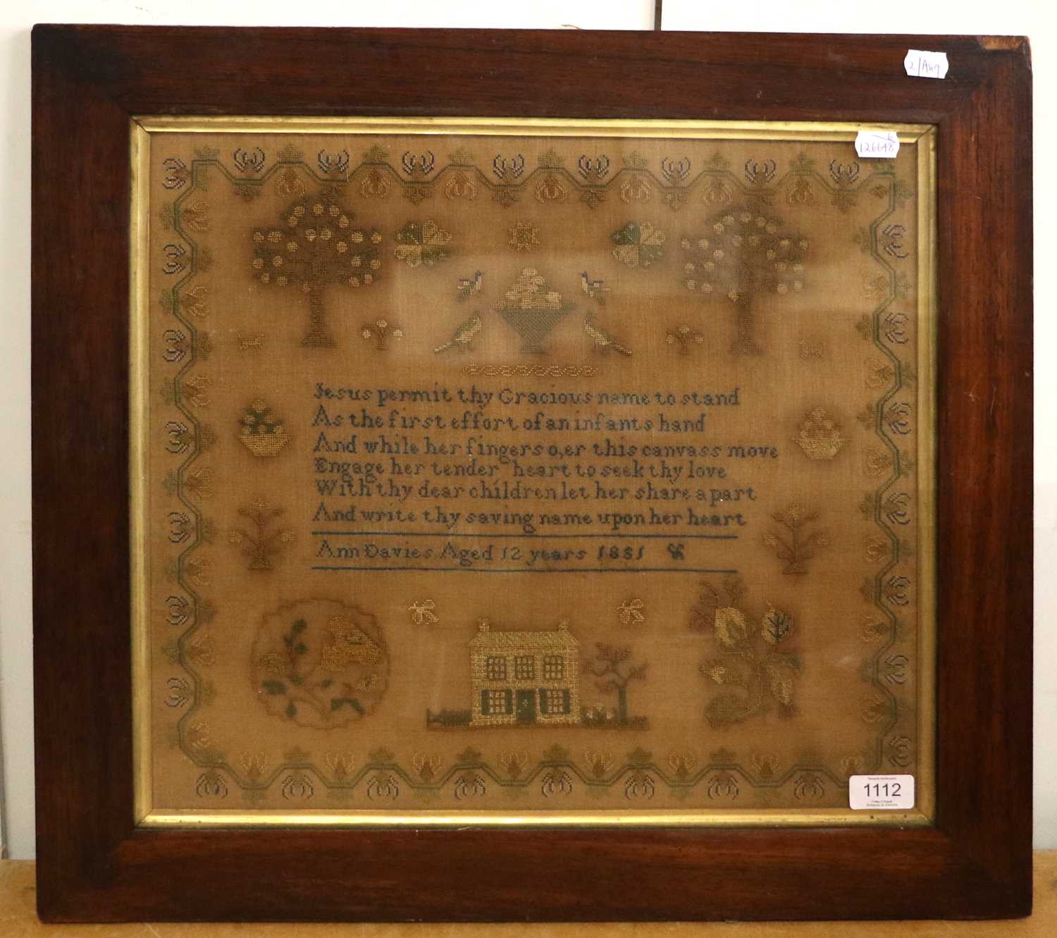 Lot 1112 - Sampler Worked by Ann Davies Aged 12, Dated