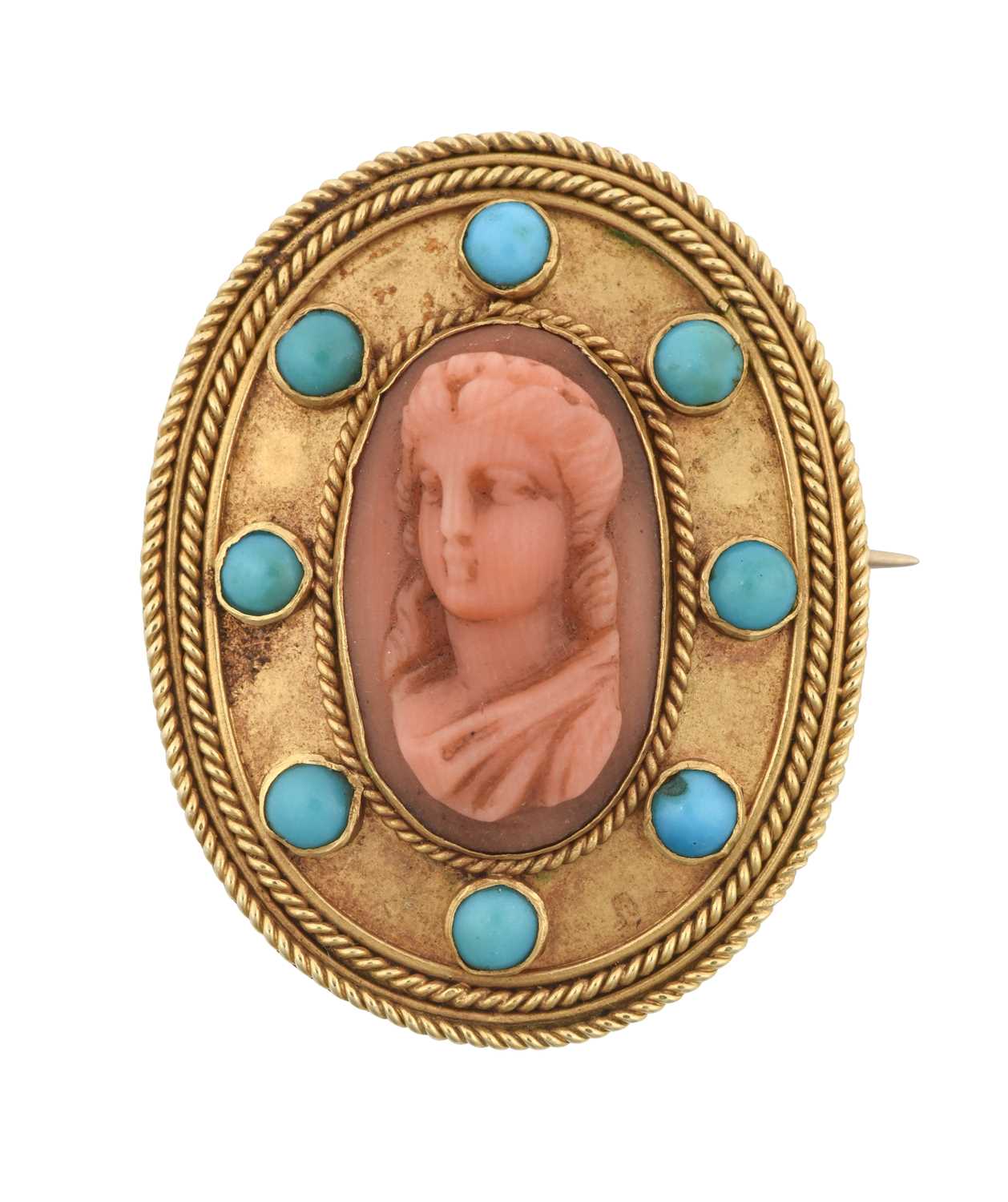 Lot 2370 - A Coral and Turquoise Cameo Brooch, circa