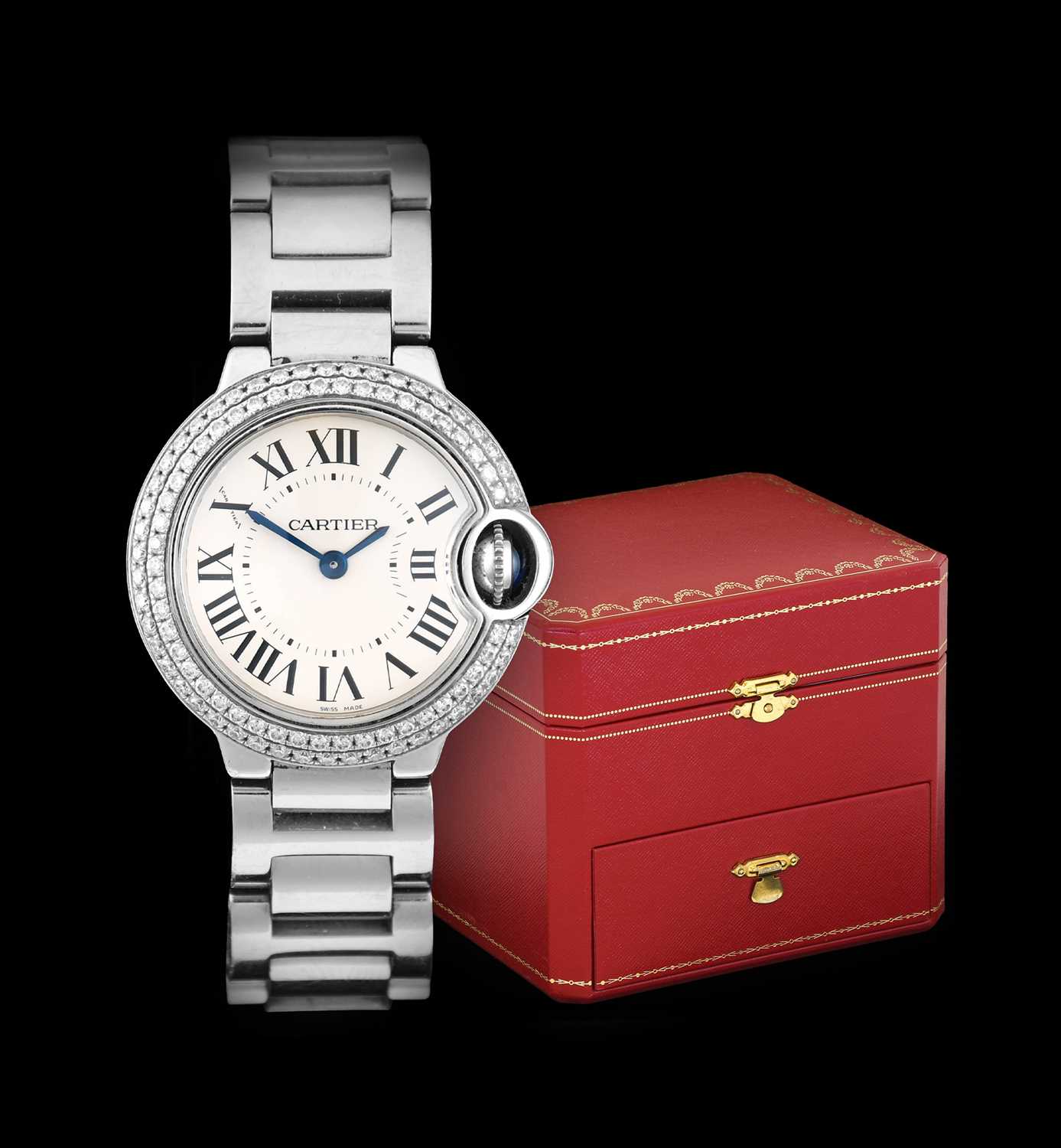 Lot 2180 - Cartier: A Lady's Stainless Steel Diamond