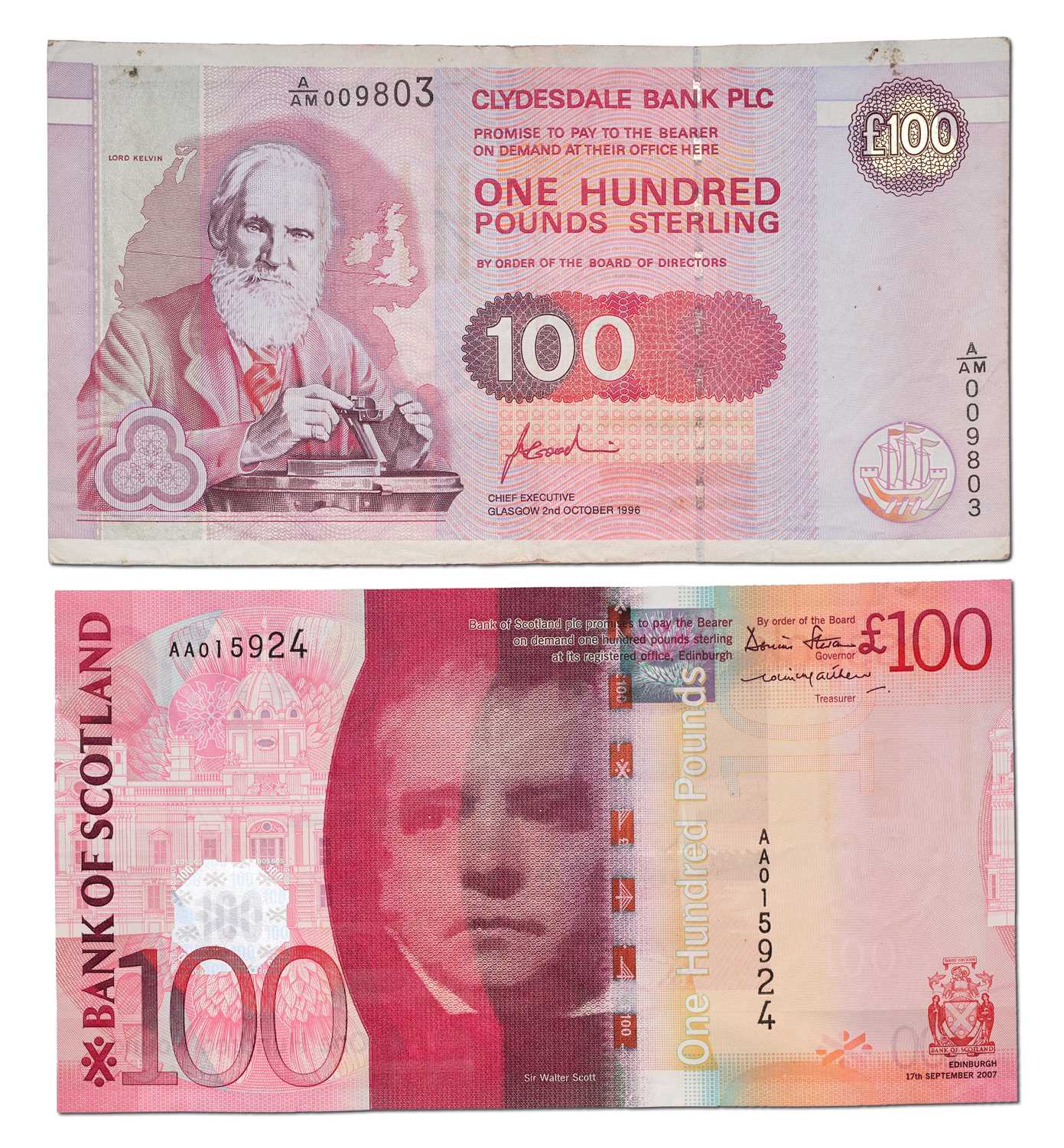 Lot 308 - 2x Scotland, One Hundred Pound Notes,