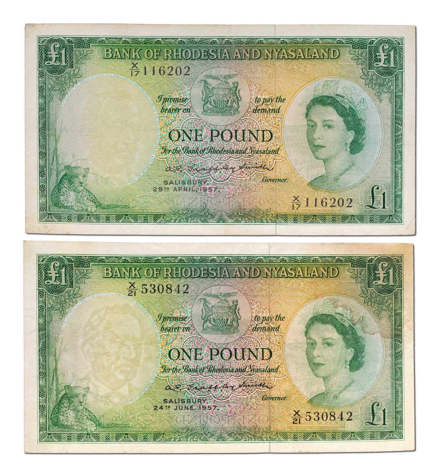 Lot 328 - 2x Rhodesia and Nyasaland, One Pound Notes,