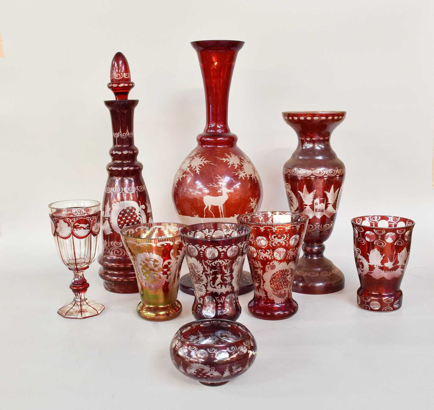 Lot 304 - A Tray of Various Bohemian Ruby Glass Items,
