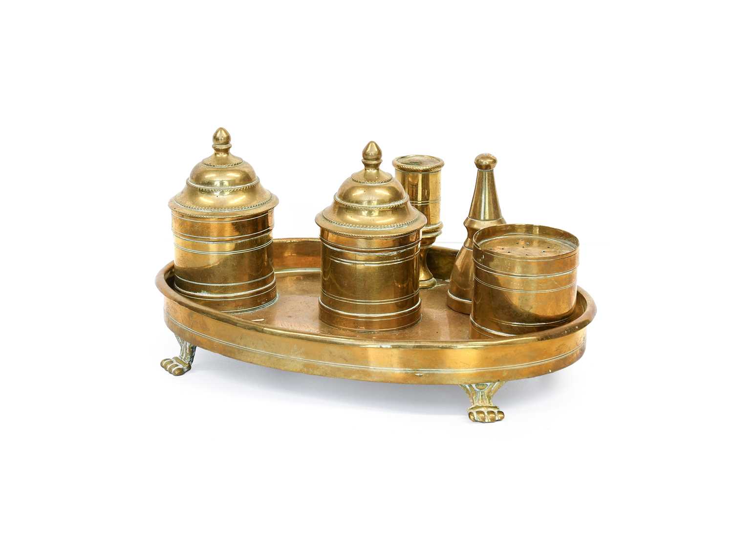 Lot 394 - A George III Brass Inkstand, the oval