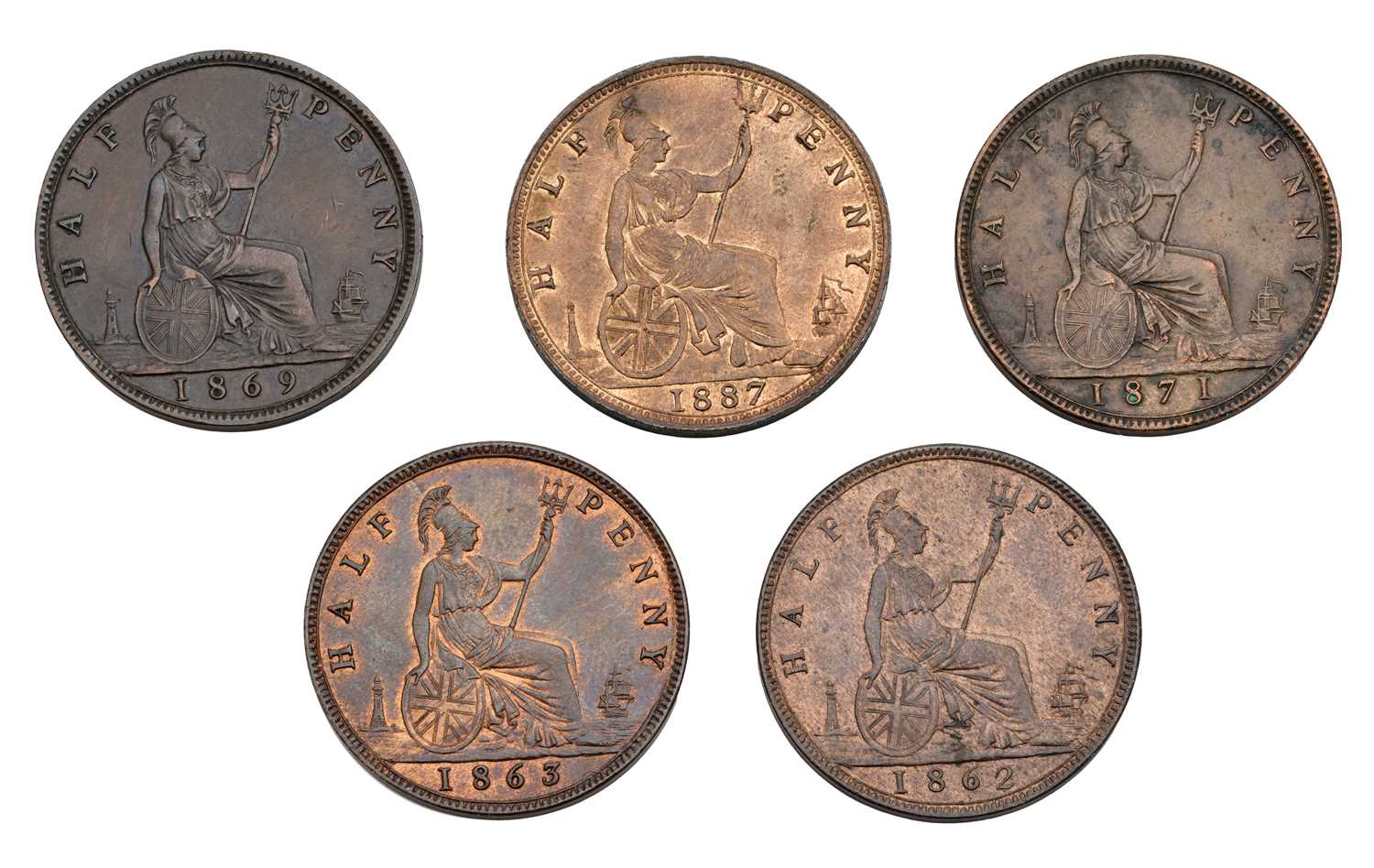 Lot 189 - Assorted Victoria, 'Bun Head' Halfpennies, 5