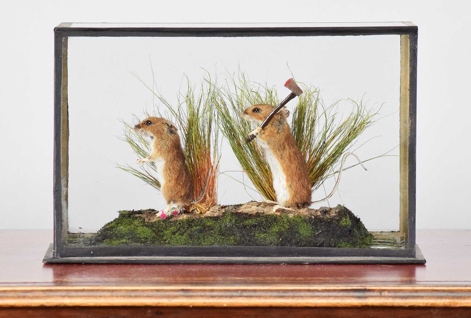 Taxidermy: A Cased Pair of Wood Mice "Micky The Mouse