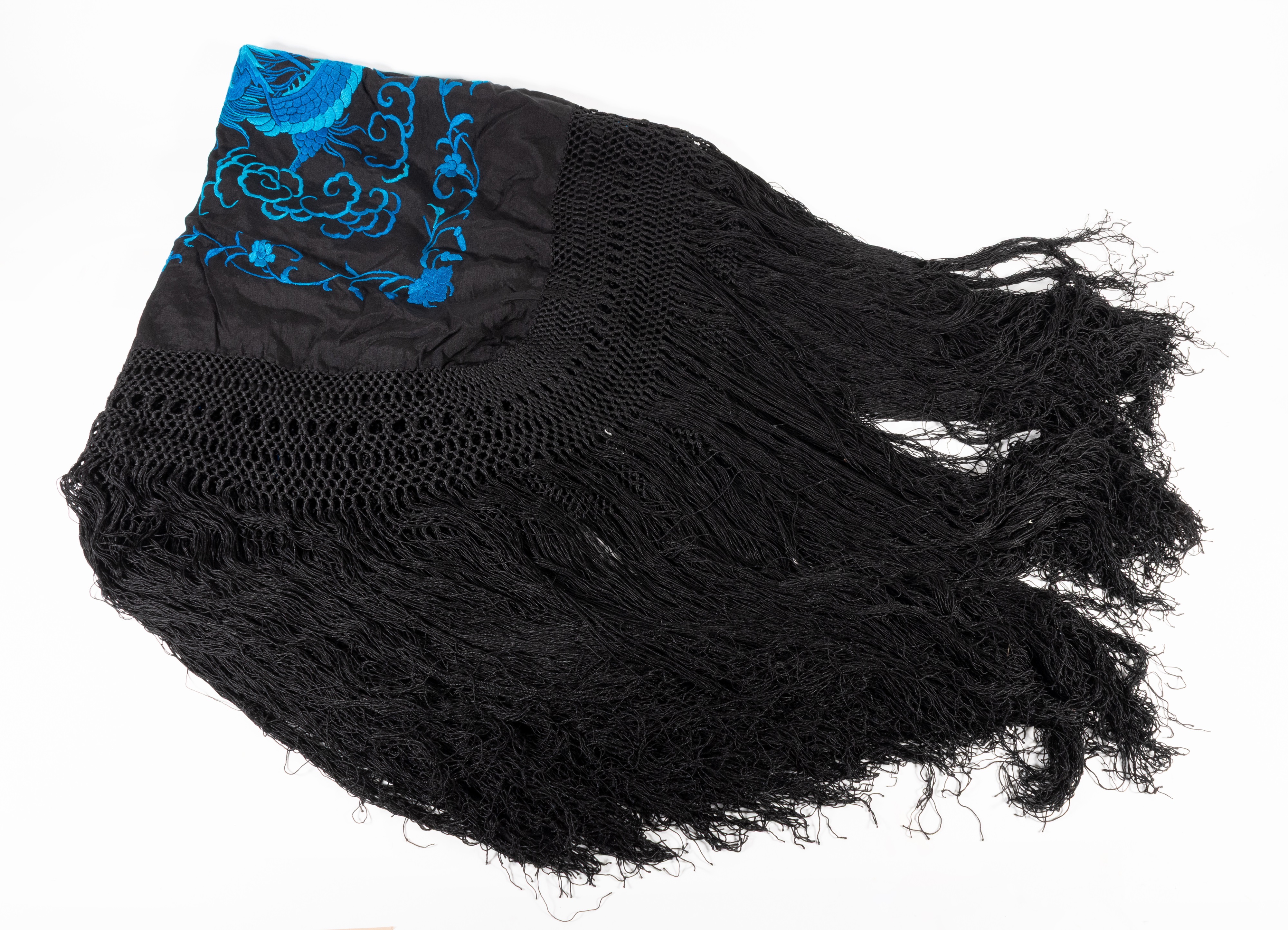 Circa 1920s Chinese Black Silk Shawl woven with