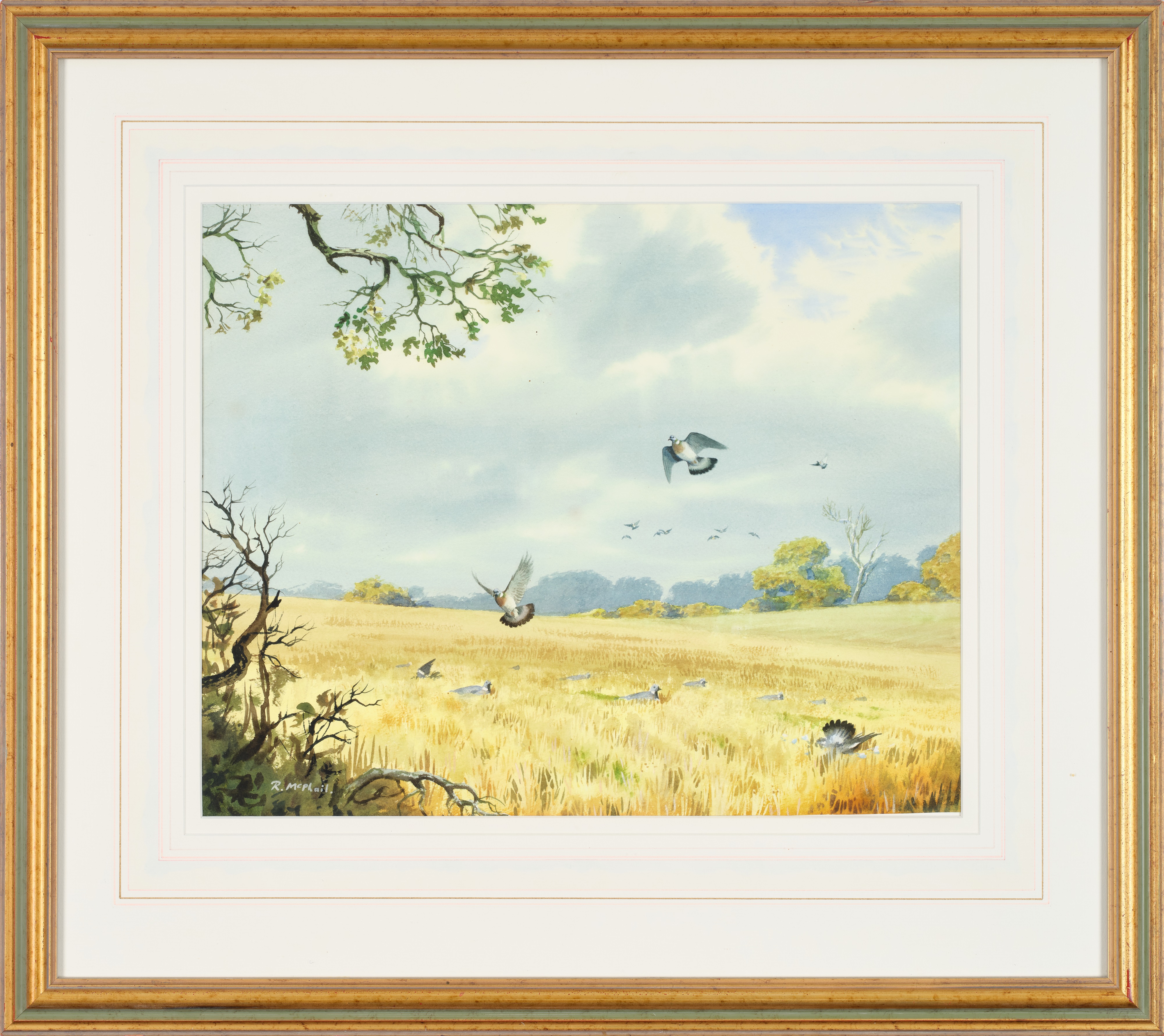 Rodger McPhail (b.1953) Duck in flight over wetlands
