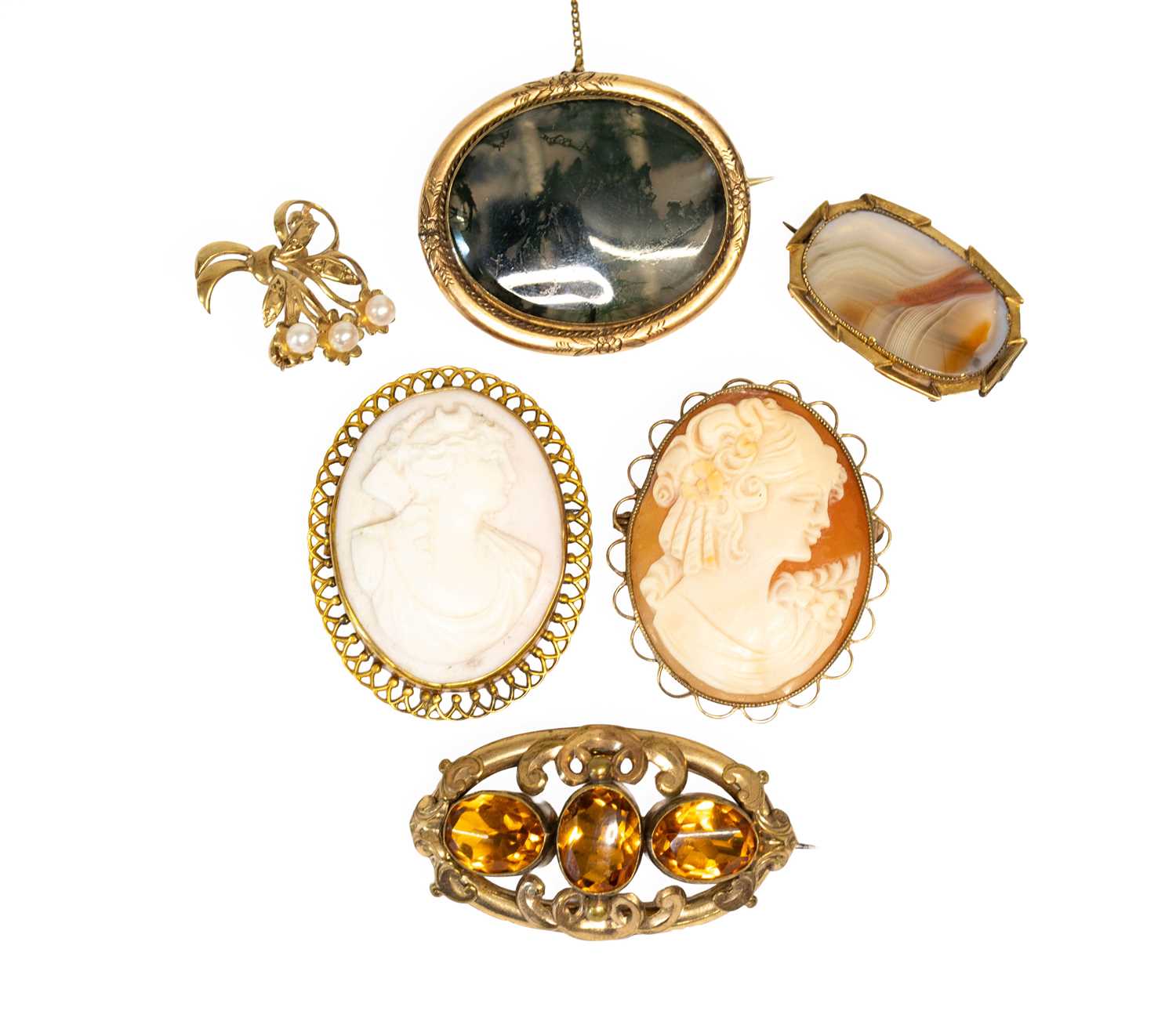 Lot 94 - Six Brooches, comprising of a 9 carat gold