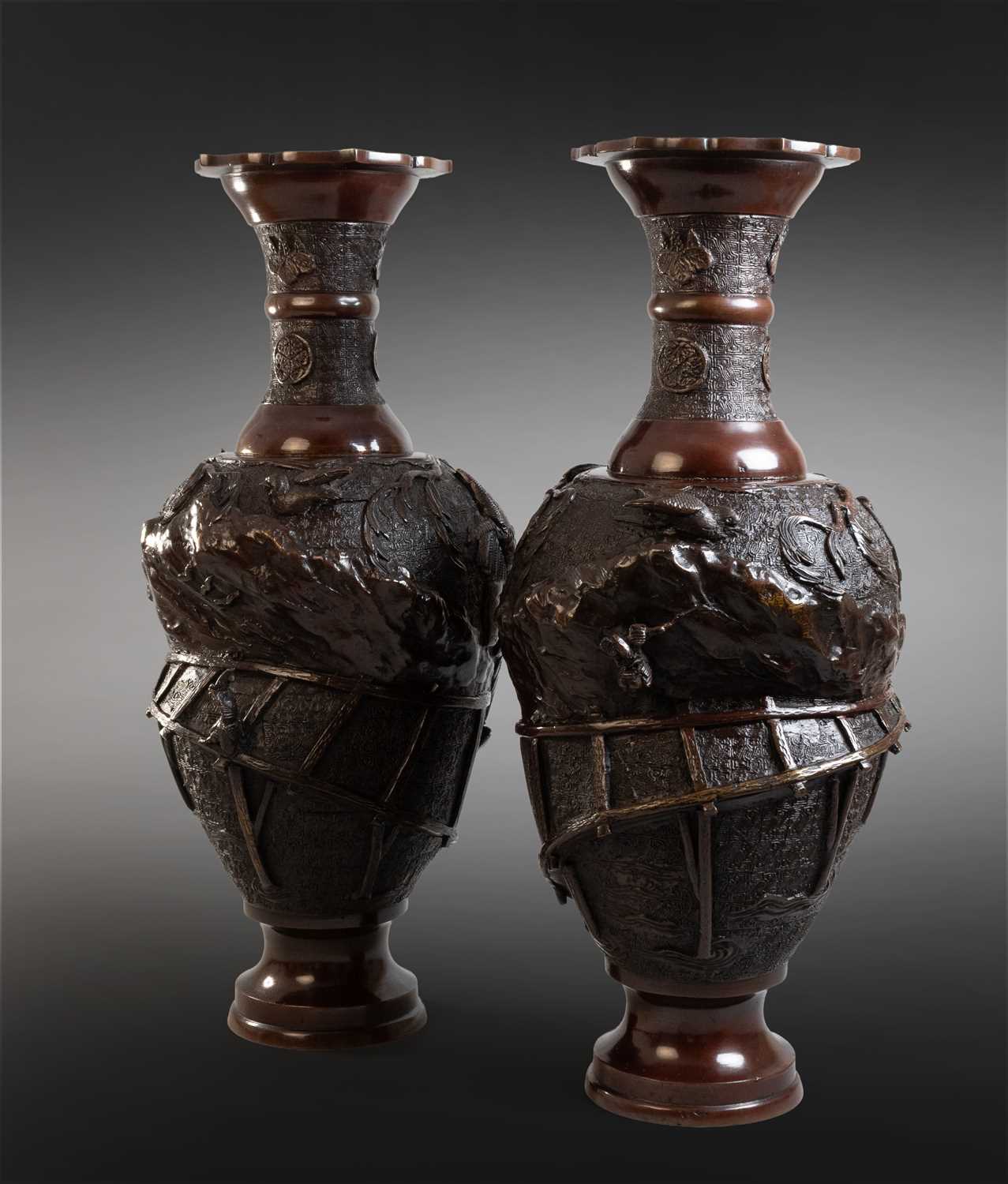 Lot 95 - A Pair of Japanese Bronze Vases, Meiji period,