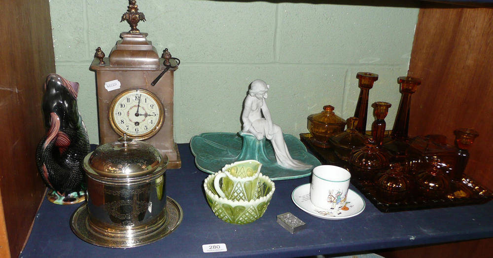 Lot 280 - An alabaster mantel clock, a glugging jug,