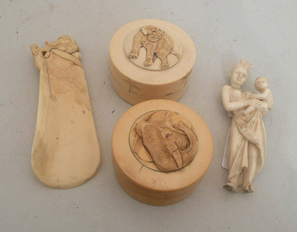 Lot 385 - Two Japanese ivory boxes with lids, a carved