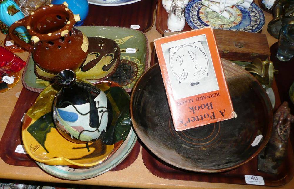 Lot 46 - Two trays including slipware dishes, scales,