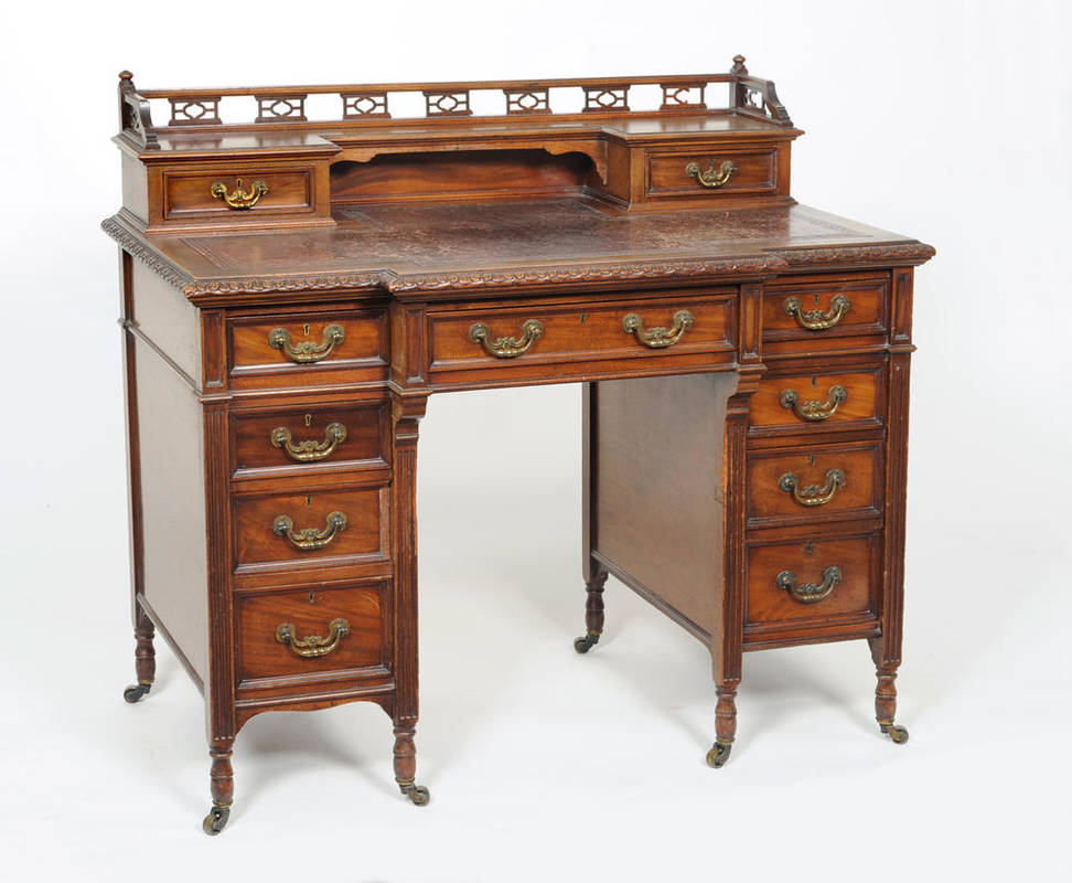 Lot 1554 - A Walnut Breakfront Desk, stamped Jas