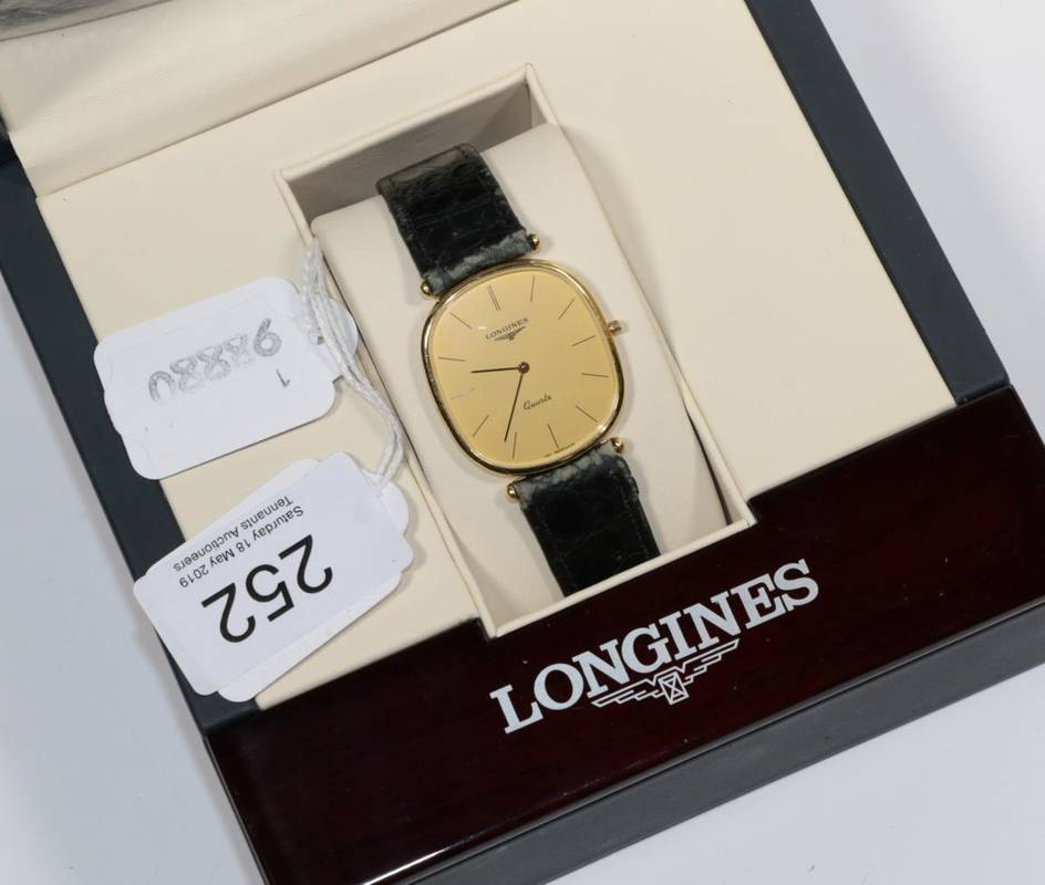 Lot 252 - An 18ct gold wristwatch, signed Longines,