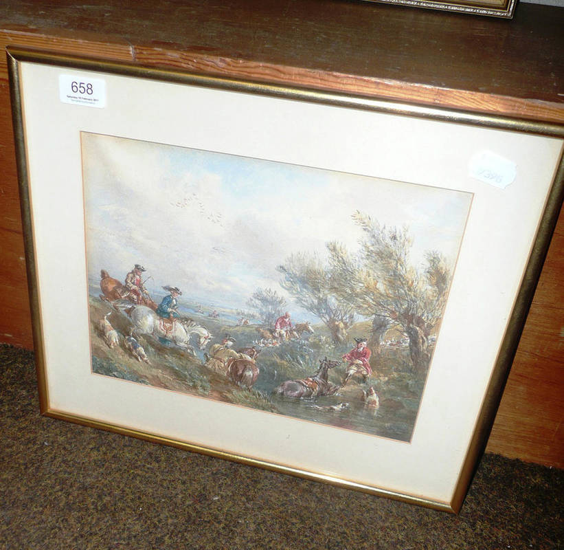 Lot 658 - Watercolour by F Tayler, French hunting