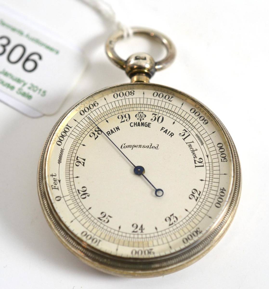 Lot 306 - A silver pocket barometer, 1919, aneroid
