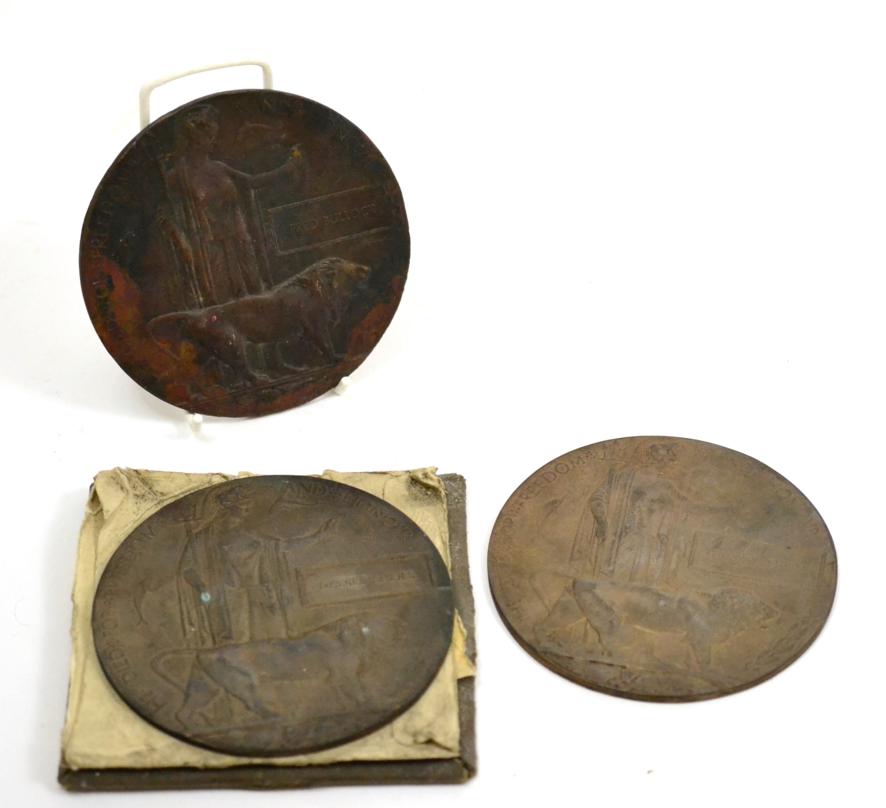 Lot 628 - Three First World War bronze death plaques,